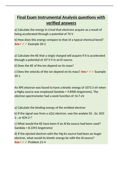 Instrumental Analysis Final Exam Questions With Verified Answers Electrochemistry Xps Mass