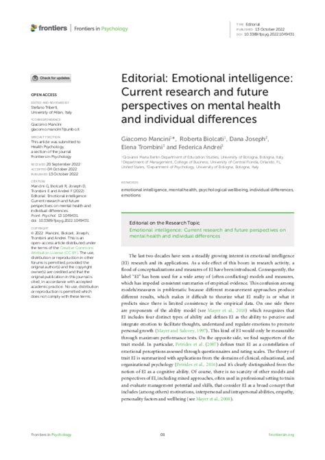 Pdf Editorial Emotional Intelligence Current Research And Future Perspectives On Mental