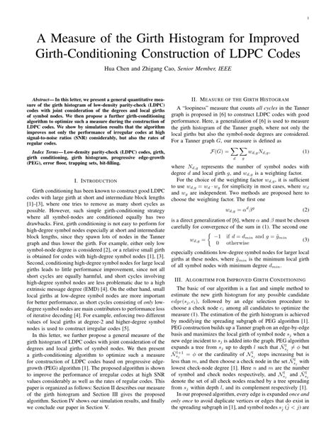 PDF A Measure Of The Girth Histogram For Improved Girth Conditioning Construction Of LDPC Codes