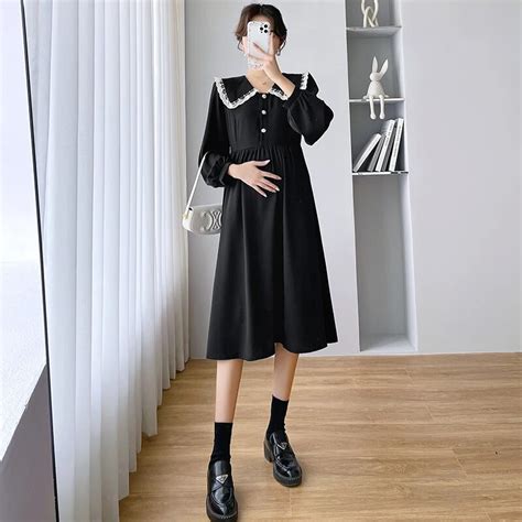 Badu Bg Есенна широка рокля за бременни в корейски стил с дълъг ръкав и яка на Питър Пан