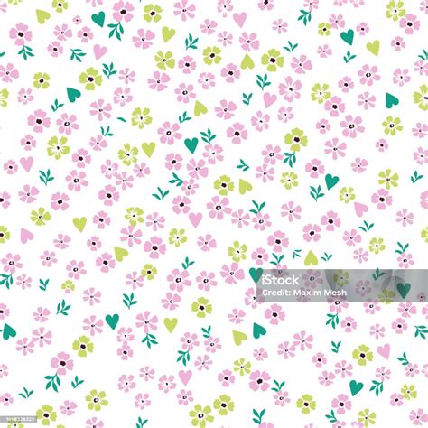 작은 꽃과 녹색과 연한 녹색 하트의 귀여운 꽃 무늬 매끄러운 벡터 텍스처 패셔너블한 프린트를 위한 우아한 템플릿입니다 흰색 바탕에 아주 작은 분홍색 꽃입니다 0명에 대한