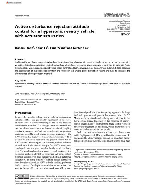 Pdf Active Disturbance Rejection Attitude Control For A Hypersonic Reentry Vehicle With