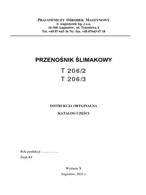 Przenosnik Slimakowy T206 2 T206 3 Pdf