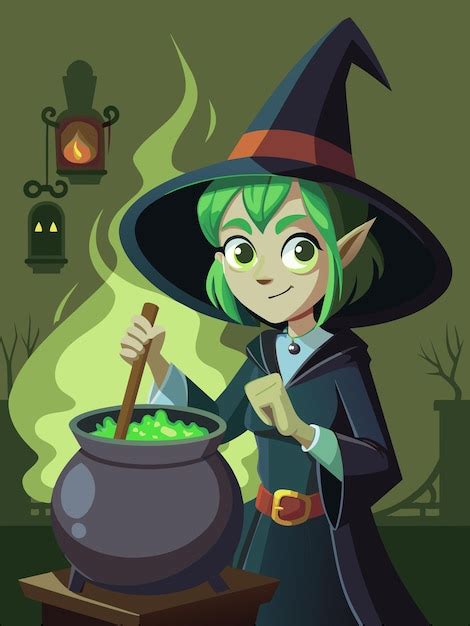 A Cartoon Illustration Of A Witch With A Broom And A Pot Of Green Beans Premium Ai Generated