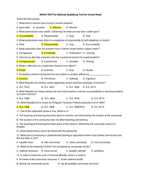Mock Test For School Head Qualification Pdf Governance Teachers