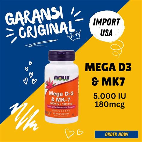 Jual NOW Mega D-3 MK-7 5000 IU 180 mcg foods D3 MK7 K2 K-2 Vitamin 60 ...