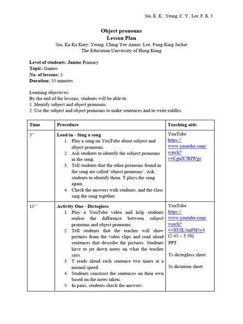 Object Pronouns Lesson Plan Final Pdf Linguistics Syntax