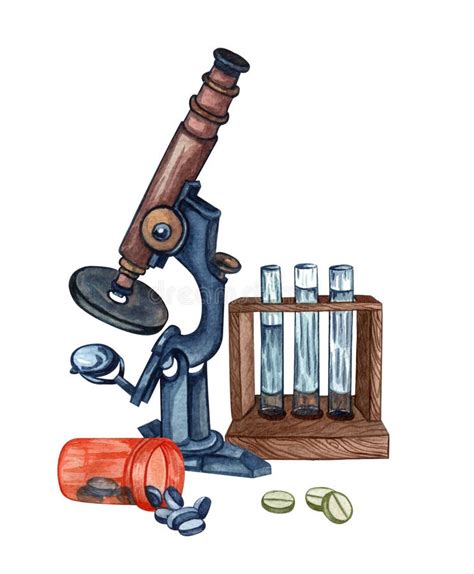 Watercolor Microscope Test Tubes Pills Hand Drawn Illustration Retro Vintage Microscope