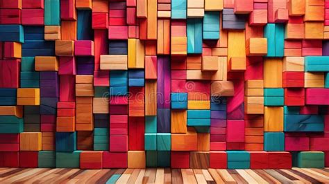 Wide Format Capture Of Colorful Wooden Blocks Aligned To Create A Multicolored Wall Masterpiece