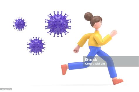 공황 상태에 빠진 아시아 여성 안젤라의 3d 그림이 바이러스에서 도망치고 있다 코로나바이러스 위기 코로나19 팬데믹 개념3d 흰색 배경에 렌더링 2019년에 대한 스톡 사진