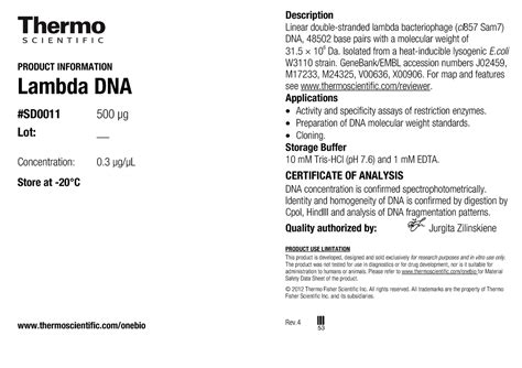 Lambda Dna Ug Product Information Lambda Dna Sd0011 500 μg Lot