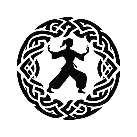 Kung Fu Tai Chi Jugadora Femenina En El Patrón Del Nudo Celta Ilustración Emblema Insignia De