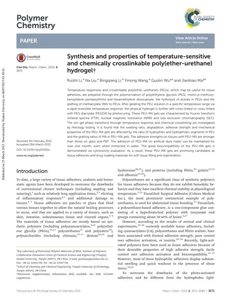 Pdf Synthesis And Properties Of Temperature Sensitive And Chemically Crosslinkingable Poly