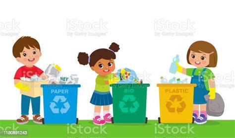 아 이들은 재활용을 위해 쓰레기를 수집 합니다 세계를 저장 합니다 소년과 소녀 분리 재활용 빈 유기농 종이 플라스틱 아이에 대한 스톡 벡터 아트 및 기타 이미지 Istock