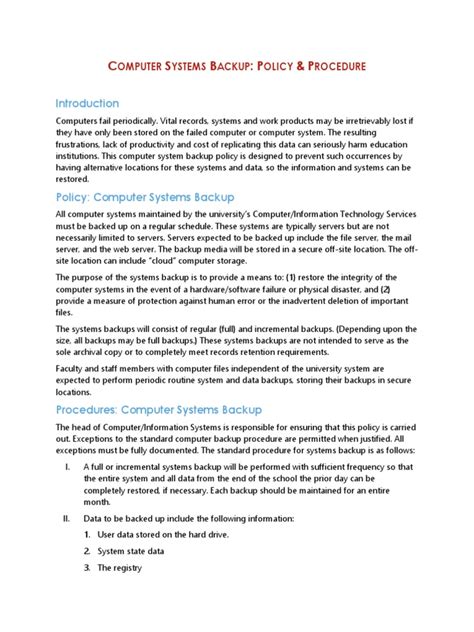 computer systems backup policy and procedure pdf backup areas of