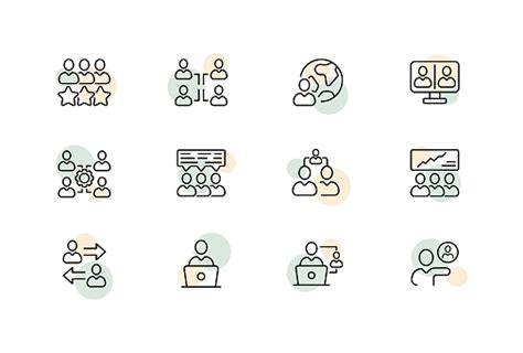 팀워크 세트 아이콘입니다 직원 사람 별 행성 컴퓨터 통신 통계 교환 정보 부하 직원 비즈니스 개념 비즈니스 및 광고에 대한 벡터 라인 아이콘 아이콘에 대한 스톡 벡터 아트