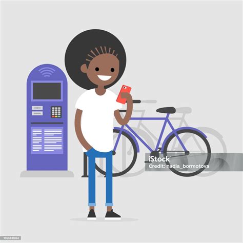젊은 문자 모바일 자전거 대 여 응용 프로그램을 사용 하 여 도시 교통 시스템입니다 평면 편집 가능한 벡터 일러스트 클립 아트입니다 액티브 라이프 스타일 Z세대에 대한 스톡