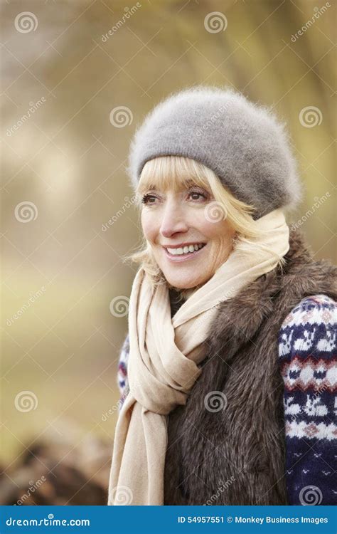 Portrait Mature Woman Outdoors In Winter Stock Image Image Of