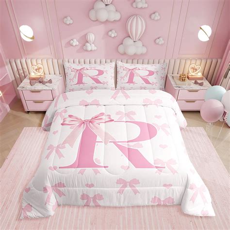 Initial Letter R Comforter Set Full Size 3 Pcs Princess Style Pink