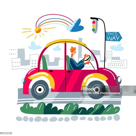 도로에서 자동차를 운전하는 남자 차량을 타고 있는 사업가 현대 도시 벡터 일러스트레이션에서 교통 및 여행 측면 보기 구름이있는