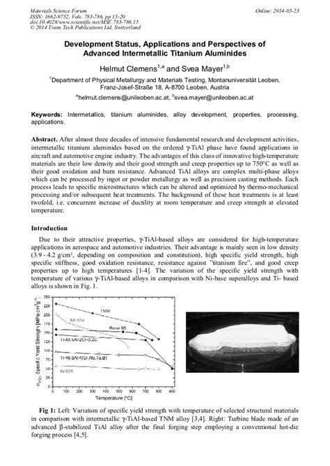 Development Status Applications And Perspectives Of Advanced Intermetallic Titanium Aluminides