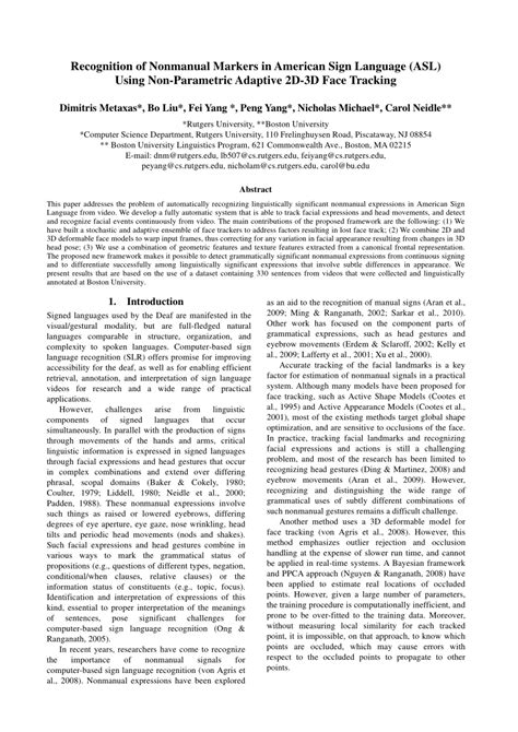 Pdf Recognition Of Nonmanual Markers In American Sign Language Asl Using Non Parametric