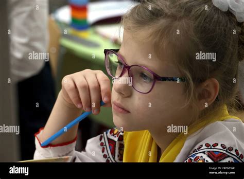 Non Exclusive Kharkiv Ukraine September 4 2023 A First Grader In