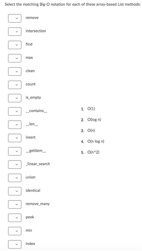 solved select the matching big o notation for each of these