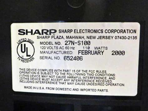 Sharp Color Television Model 27n S100 Manufactured February 2000