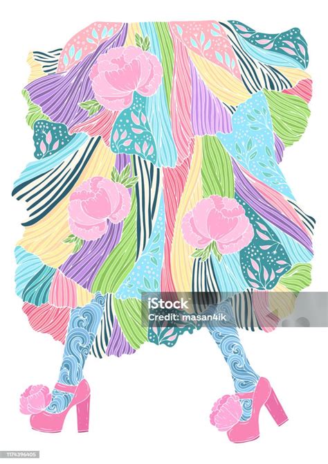 벡터 손으로 그린 재미있는 색상 여성 발 하이힐과 패턴 스타킹과 긴 패턴 스커트와 신발에 패션 일러스트 장식 귀여운 달콤한