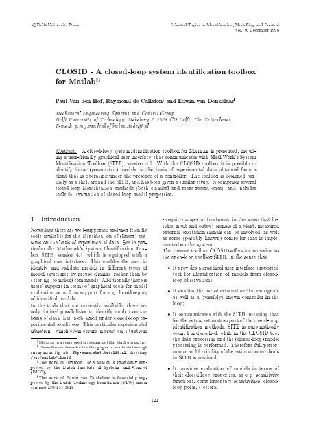 Closid A Closed Loop System Identification Toolbox For Matlab Mae