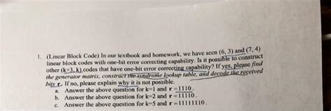 Solved 1 Linear Block Code In Our Textbook And Homework