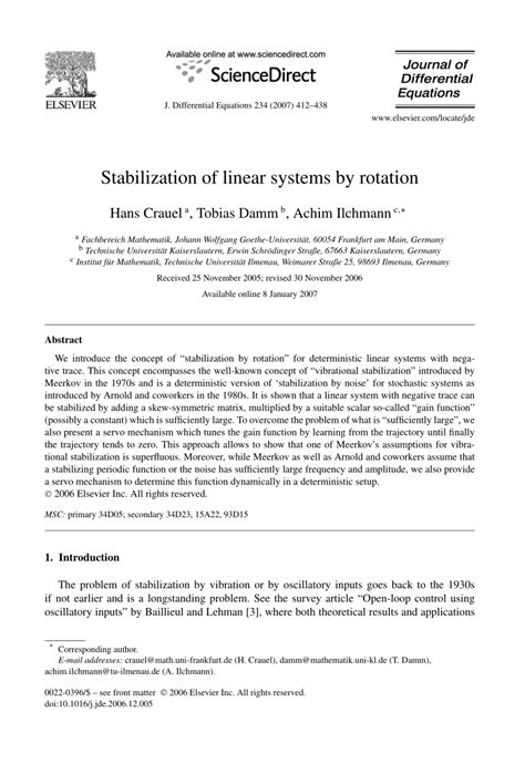 PDF Stabilization Of Linear Systems By Rotation
