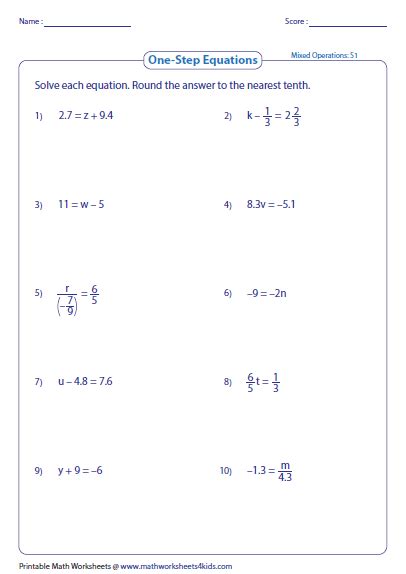 One Step Equation Worksheets
