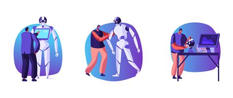 세트 과학자 캐릭터는 실험실에서 사이보그를 만듭니다 프로세스를 만드는 로봇 하드웨어 및 소프트웨어 로봇 공학 엔지니어는 인공 지능 기술을 개발합니다 만화 사람 벡터 일러스트