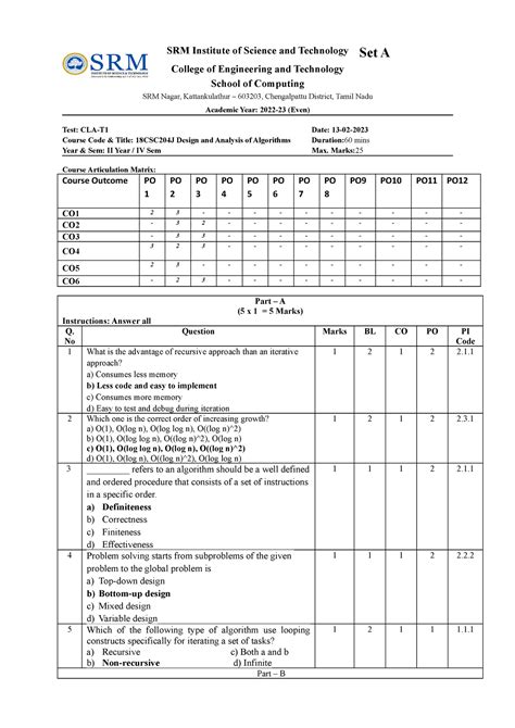 Ct 1 Set A Ans Key Srm Institute Of Science And Technology Set A