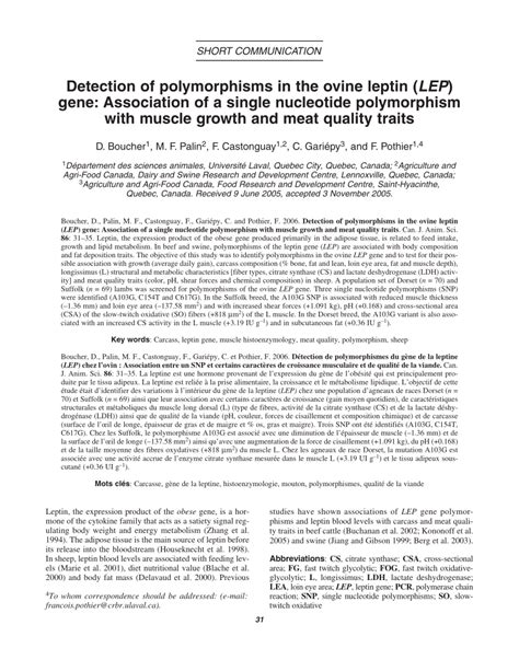 Pdf Detection Of Polymorphisms In The Ovine Leptin Lep Gene Association Of A Single