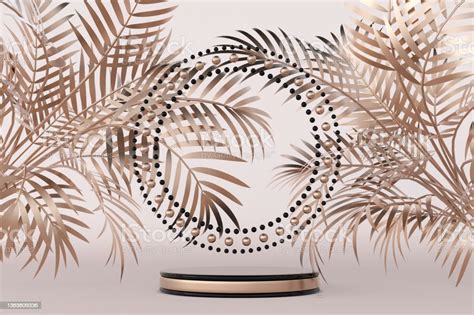 추상적인 야자수 잎이 있는 3d 황금 연단 받침대 브랜드 프로모션 제품을 위한 단계와 기하학적 스튜디오 0명에 대한 스톡 사진 및 기타 이미지 Istock