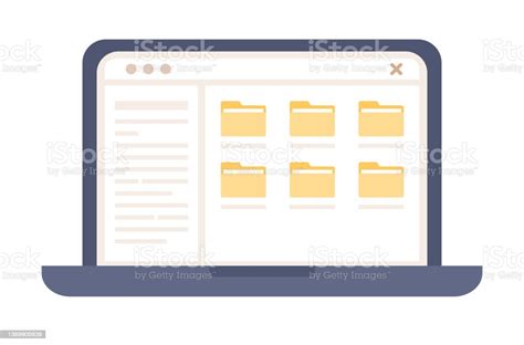 폴더 아이콘입니다 사무실 작업 기호 문서 기호입니다 랩톱에서 파일을 검색합니다 파일 관리 개념입니다 데이터 저장소 벡터 플랫 일러스트레이션 서류 정리에 대한 스톡 벡터 아트