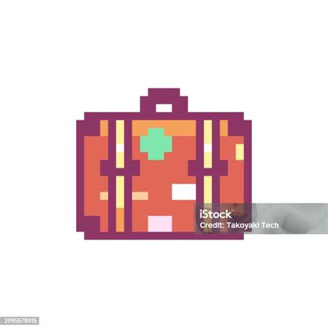 픽셀 아트 빈티지 핸들 가방 아이콘입니다 오래 된 여행 가방의 벡터 Y2k 8bit 스티커입니다 모자이크 처리에 대한 스톡 벡터