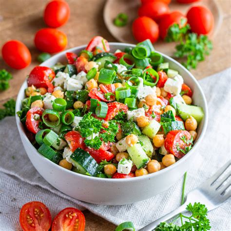 Healthy Chickpea Salad With Feta Cheese Cucumber And Tomatoes
