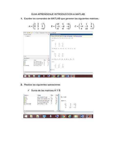 Taller 1 Solución De Matrices Con El Software Matlab Pdf