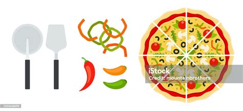 도구와 고추 플랫 아이콘 벡터 격리 슬라이스 이탈리아어 피자 단면도에 대한 스톡 벡터 아트 및 기타 이미지 단면도 레스토랑 모차렐라 Istock