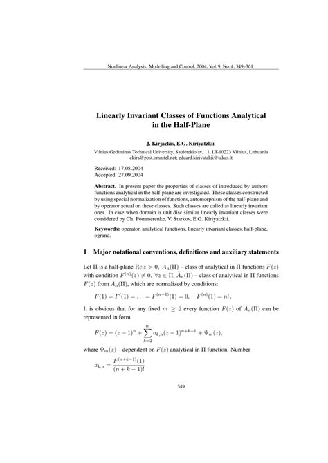 PDF Linearly Invariant Classes Of Functions Analytical In The Half Plane