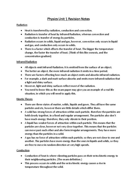 Physics Unit Revision Notes Physics Unit Revision Notes Radiation Heat Is Transferred By