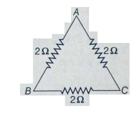 Three 2 Ω resistors are connected to form a triangle The resistance between any two corners is