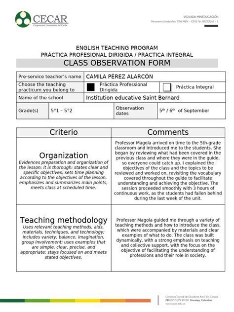 class observation form pdf