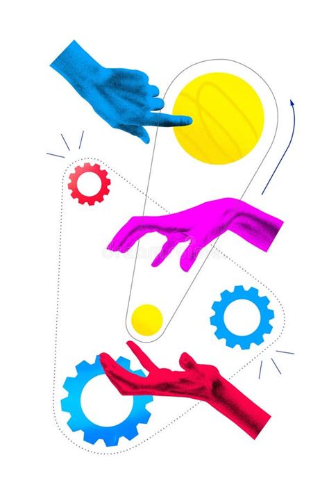 Contemporary Art Collage Colorful Hands Interact With Gears And Circles Connected By Lines