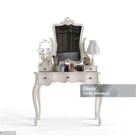 거울과 램프가 있는 흰색 화장대 테이블의 3d 렌더링 허영에 대한 스톡 사진 및 기타 이미지 허영 책상 3차원 형태 Istock