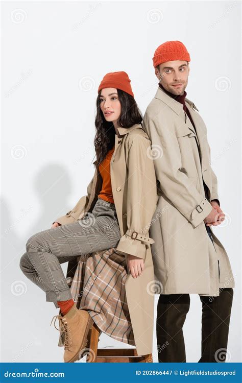 Woman In Trench Coat Sitting On Stock Image Image Of White Caucasian